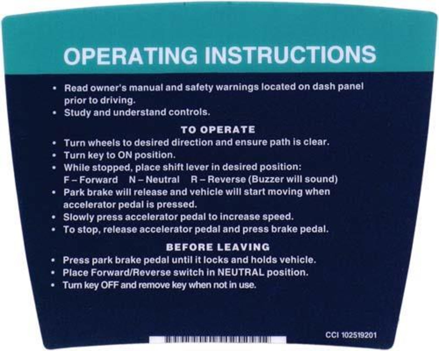 Club Car DS Operating Instructions Decal (Years 1992-Up) – Extreme Kartz